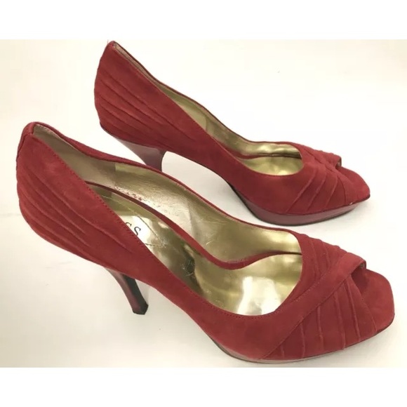 Guess | Shoes | Guess Red Suede Peep Toe Heels Pumps 75 | Poshmark